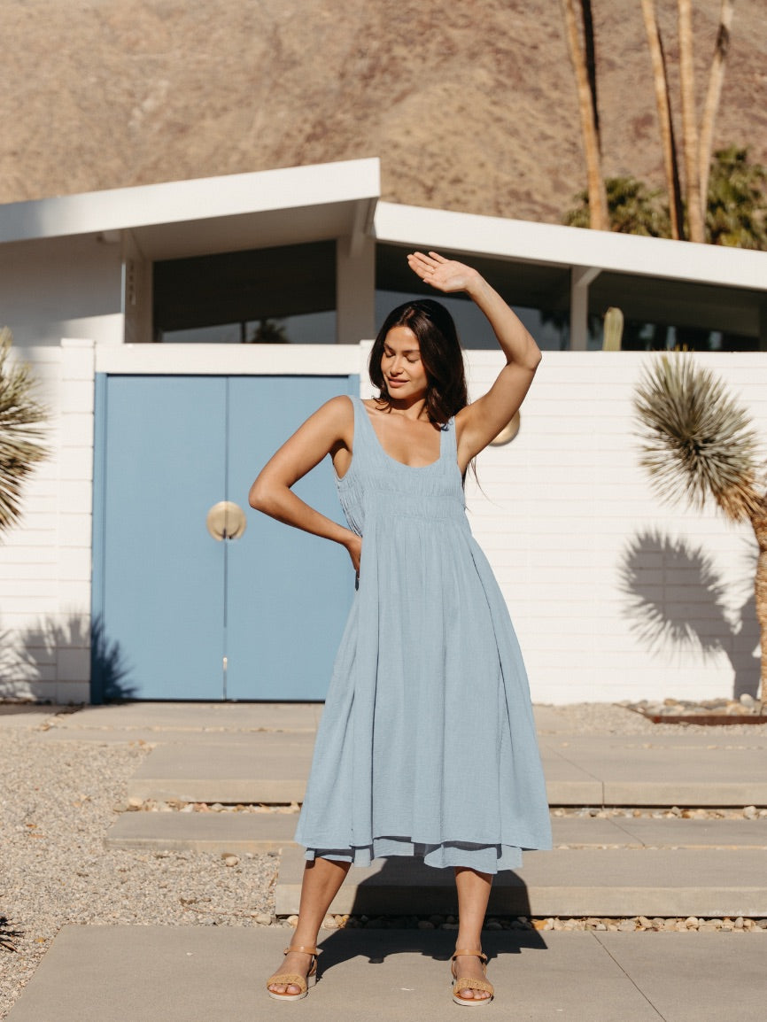 Del Monte Midi Cotton Dress Slate Blue | Blue Midi Cotton Dress – Nomad the Label