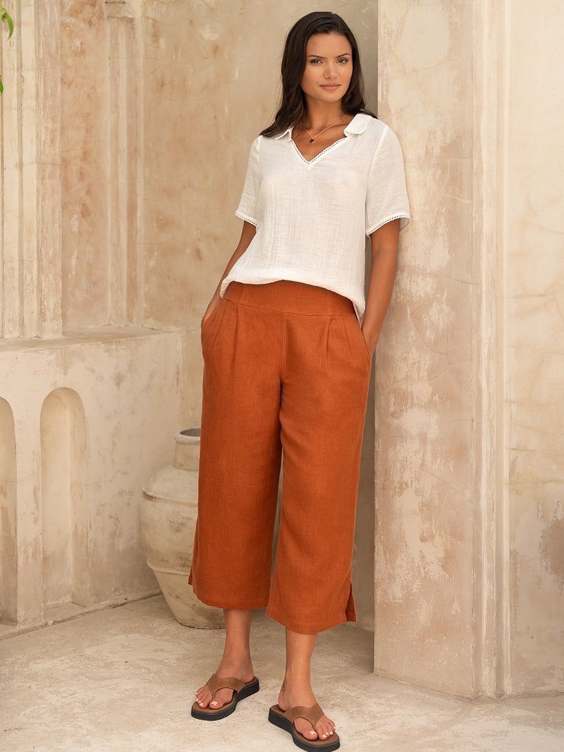 Latina Linen Pants Rust | Structured Orange Rust Linen Pants – Nomad ...